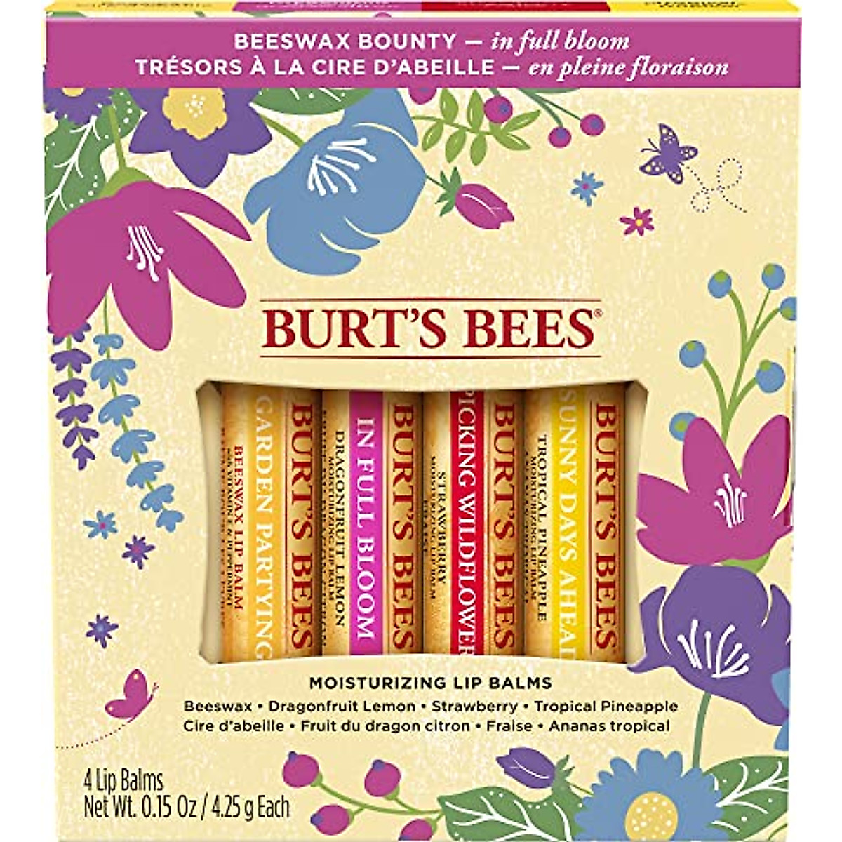 Burt's Bees Gifts, 4 Lip Balm Products, In Full Bloom Set - Original Beeswax, Dragonfruit Lemon, Tropical Pineapple & Strawberry (4 Pack)