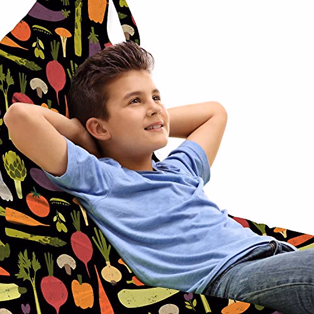 Lunarable Vegetable Lounger Chair Bag, Healthy Themed Food Pattern with Eggplant Garlic Broccoli Mushroom, High Capacity Storage with Handle Container, Lounger Size, Dark Grey and Multicolor