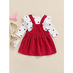 0-18M Infant Baby Girls Outfits Long Sleeve Ruffle Knit Heart Print Romper+ Suspender Skirt Overall Dress Set (Red, 3-6 Months)