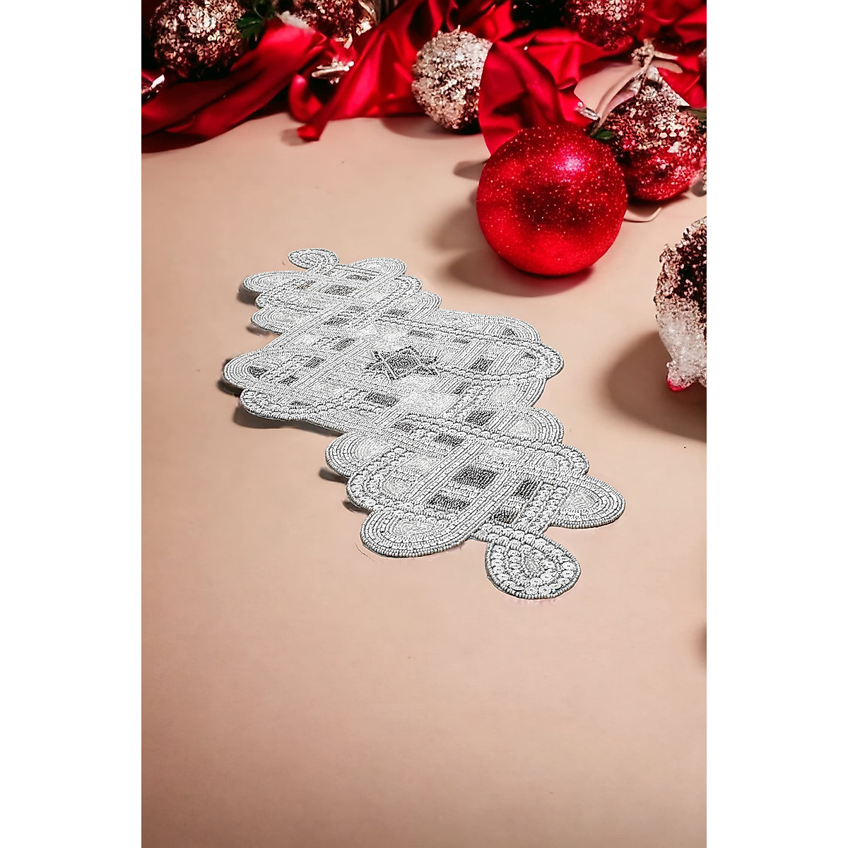 Alpha Living Home Handmade Fancy Scrolled Embroidery Beaded Table Runner for Tabletop and Kitchen Grey/Silver - Home Decor Mat for Wedding Party Family Gathering - Pack of 1 Measure 15.5 x 35 inches