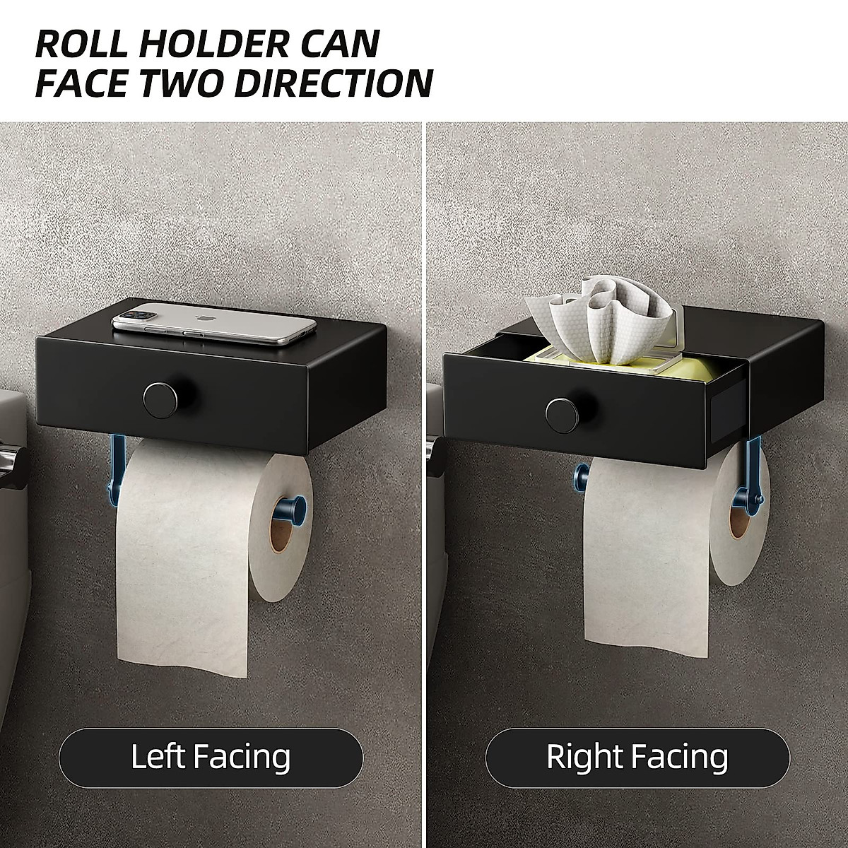 VOLDRA Toilet Paper Holder with Shelf Black Wipes Dispenser for Bathroom Toilet Paper Holder with Storage Upgrade Drawer Design Toilet Tissue Holder Adhesive Small Bathroom Shelf Wall Mount