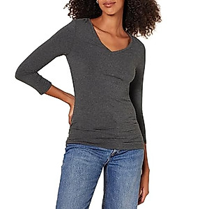 Amazon Essentials Women's Classic-Fit 3/4 Sleeve V-Neck T-Shirt (Available in Plus Size), Charcoal Heather, Medium