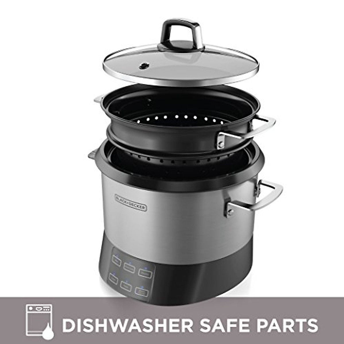 BLACK+DECKER RCR520S All-in-One Cooking Pot, 20-Cup Cooked/10-Cup Uncooked Rice Cooker, Slow Cooker and Food Steamer with Saute Function, Stainless Steel