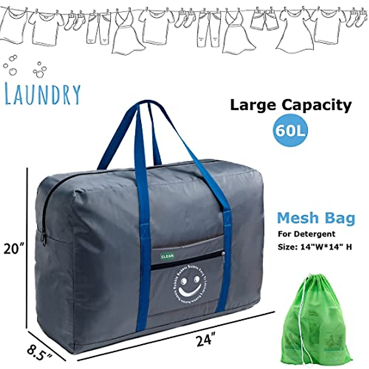 BUBBLE Traveling Laundry Bag, Camp Laundry Bags With Strap, Large Laundry Bags for Travel, Dirty Clothes Bag, Washable Nylon Laundry Bag With Handles For Boys Girls College Students Heavy Duty