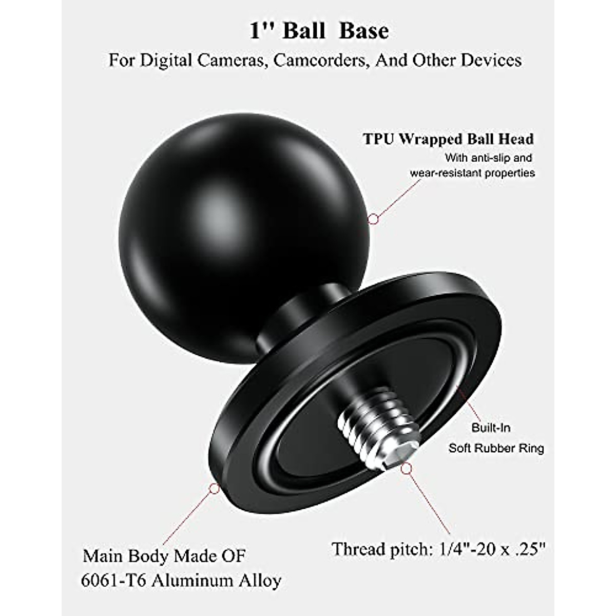 BRCOVAN 2 Pack, Aluminum Alloy 1'' Ball Adapter with 1/4"-20 Threaded Stud for Action Camera & Camcorder Compatible with RAM Mounts B Size 1'' Ball Double Socket Arm