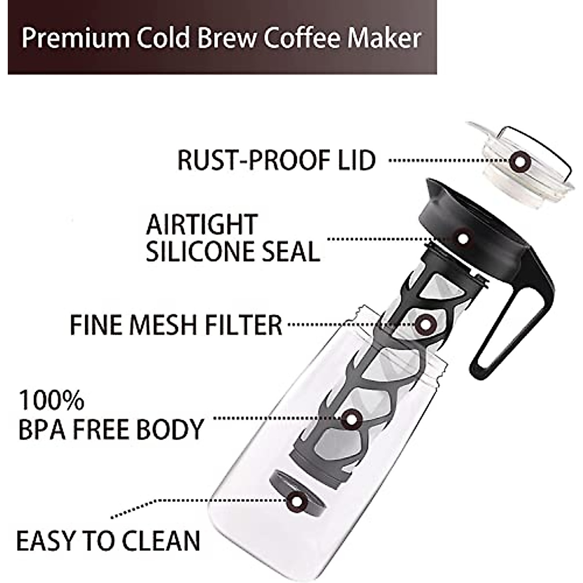 MKTMBT Cold Brew Coffee Maker with Cleaning Brush, Iced Coffee Maker Tea Brewer Leak-Proof with Removable Mesh Filter for Iced Coffee Cold Brew Tea, 2QT