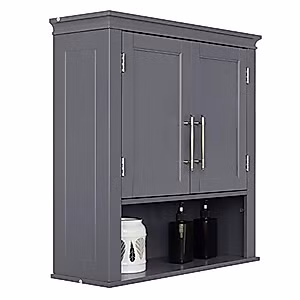 Road.Ahead White Wall Mounted Wall Cabinet,Two-Door Wall Cabinet, Medicine Cupboard, Hanging Bathroom Storage with Height Adjustable Shelf and Rod Medicine Cabinets- Grey