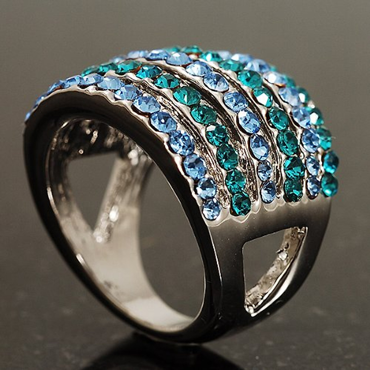 Avalaya Silver Tone Wide Crystal Band Ring (Light Blue & Teal) - size 7