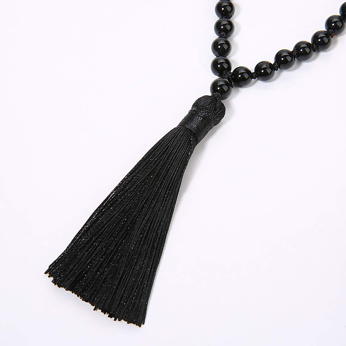 BALIBALI 8MM Beads Chakra Long Mala Necklace Natural Stone Meditation Statement Necklace Japa Yoga Rosary Prayer Charm Beaded Tassel Necklace (Black Agate)