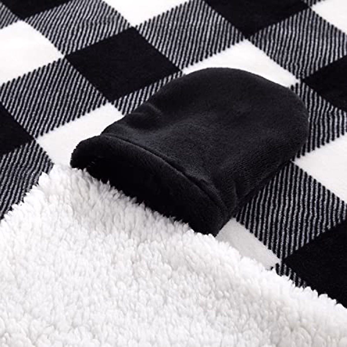 Dearfoams Black and White Buffalo Check Printed Royal Plush with Sherpa Reverse Adult Hooded Throw, 50"x60"
