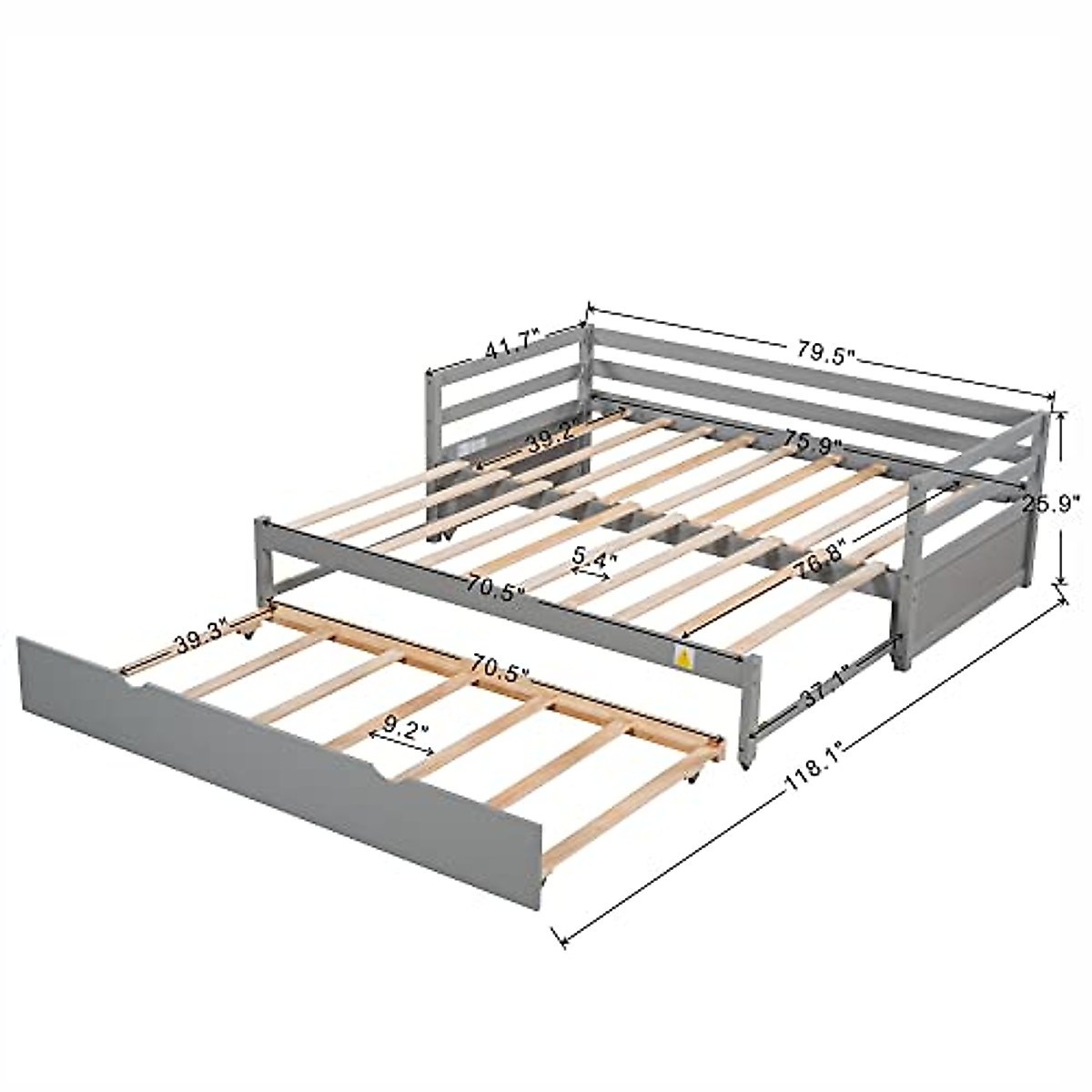 Classic Solid Wooden Daybed with Pop Up Trundle Twin to King Extendable Sofa Bed for Living Room Bedroom Guest Room Space Saving, Gray