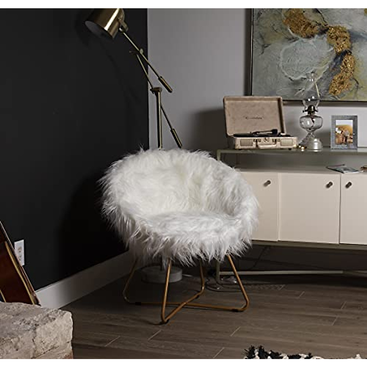 BIRDROCK HOME White Faux Fur Papasan Chair with Pale Gold Legs - Kids Bedroom Moon Chair - Comfy Wide Cushion Seat - Living Room Saucer - Metal - Fluffy Round Seat - Circle