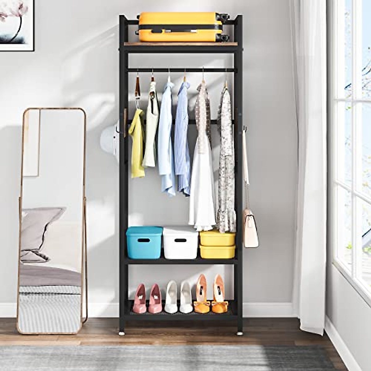 LITTLE TREE Clothes Rack with Shelves, Industrial Hall Tree Garment Rack Small Closet with Shoe Storage