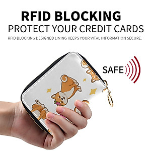 Funny Orange Shiba Inu Dogs in Different Poses on White Grey Credit Card Coin wallet, RFID Blocking Compact Women Leather Card Holder, Key Change Organizer, Zipper Purse Clutch Pouch