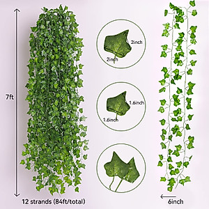 kovdim Artificial Ivy Vines Leaves 12 Strands (84 Ft), Ivy Garland Fake Vines Plants Hanging for Bedoom Room Wall Weeding Party Decor, Green