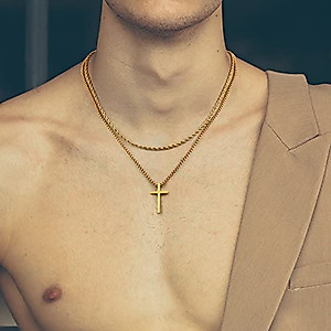 GLISHIVER Gold Cross Necklace for Men Boys, Mens Cross Necklaces Gold Stainless Steel Cross Chain Layered Rope Chain Cross Necklace for Men Boys 16 Inch Cross Necklace Cross Chain for Men