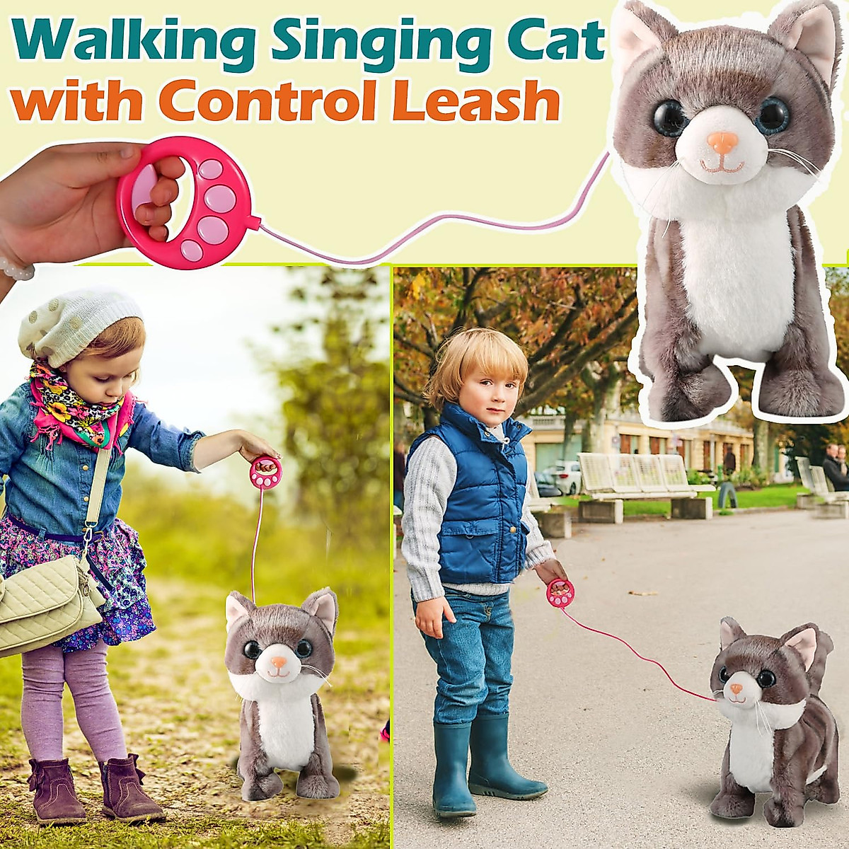 Gray Leash Walking Cat Set Singing That Purrs and Meows Animated Plush Robot Kitten Moving Plush Realistic Stuffed Animal Remote Control Cute Kawai Robotic Kitty Toy for Kid Girl Gift