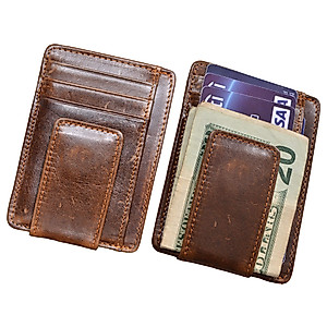 HOPSOOKEN Money Clip RFID Front Pocket Wallet Men Leather Slim Minimalist Wallet (Brown with ID Window (Crazy Hourse Leather))