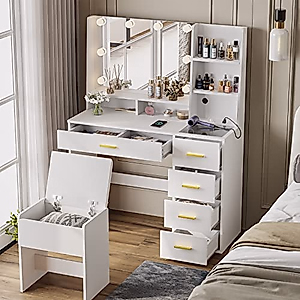 AOGLLATI Makeup Vanity Set with Lights & Charging Station, Vanity Desk with Mirror and Lights, White Makeup Desk with Cushioned Stool, Visible Drawers, Jewelry Organizers, Open Storage Shelves