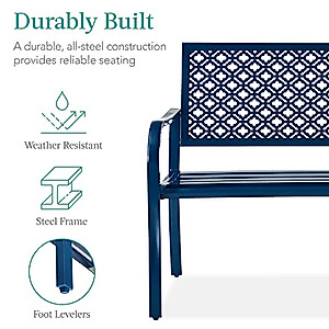 Best Choice Products Outdoor Bench 2-Person Metal Steel Benches Furniture for Garden, Patio, Porch, Entryway w/Geometric Backrest, 790lb Capacity - Peacock Blue