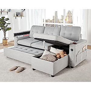VanAcc Sofa Bed, Modern Tufted Convertible Sleeper Sofa, USB Charging Ports & Cup Holders, Pull Out Couch Bed with Storage Chaise, Chenille Couches for Living Room (Light Grey)