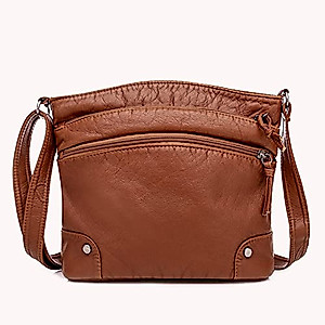 Casual Multi-zipper Messenger Totes PU Women Big Capacity Solid Shoulder Handbag, Brown, 21 x 18 x 5cm