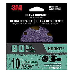 3M Ultra Durable 5 inch Power Sanding Discs, Universal Hole, 60 Grit, 10/Pack
