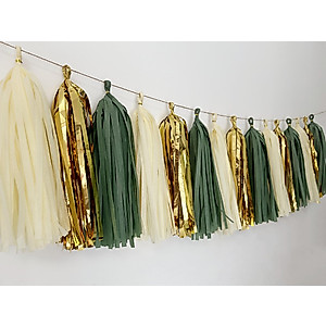 Autupy 20Pcs Sage Green Gold Mylar Tassels Garland Tissue Paper Tassels Banner DIY Kit Teal Tassel Garland Teal Gold Birthday Party Decorations for Women Men Boys Girls, Party Supplies