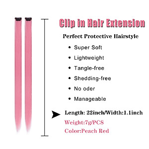 12PCS Colored Pink Hair Extensions Party Highlights Colorful Clip in Hair Extensions 22 Inch Straight Synthetic Hairpieces for Women Kids Girls Halloween Christmas Cosplay(Pink)