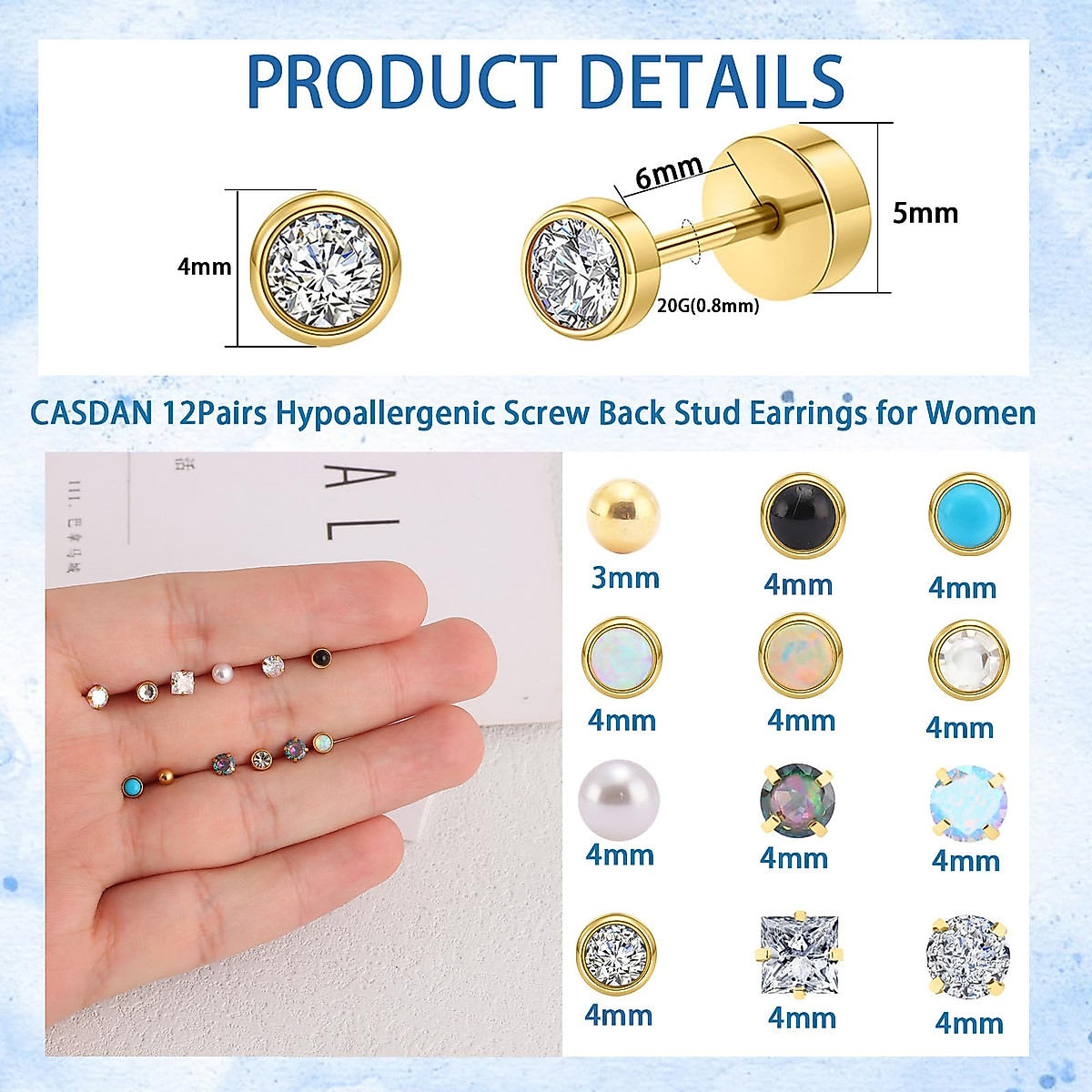 CASDAN 12 Pairs Surgical Steel Flatback Stud Earrings for Women Men CZ Opal Pearl Screw Back Earrings Cartilage Earrings Sleep Hypoallergenic Earrings for Sensitive Ears