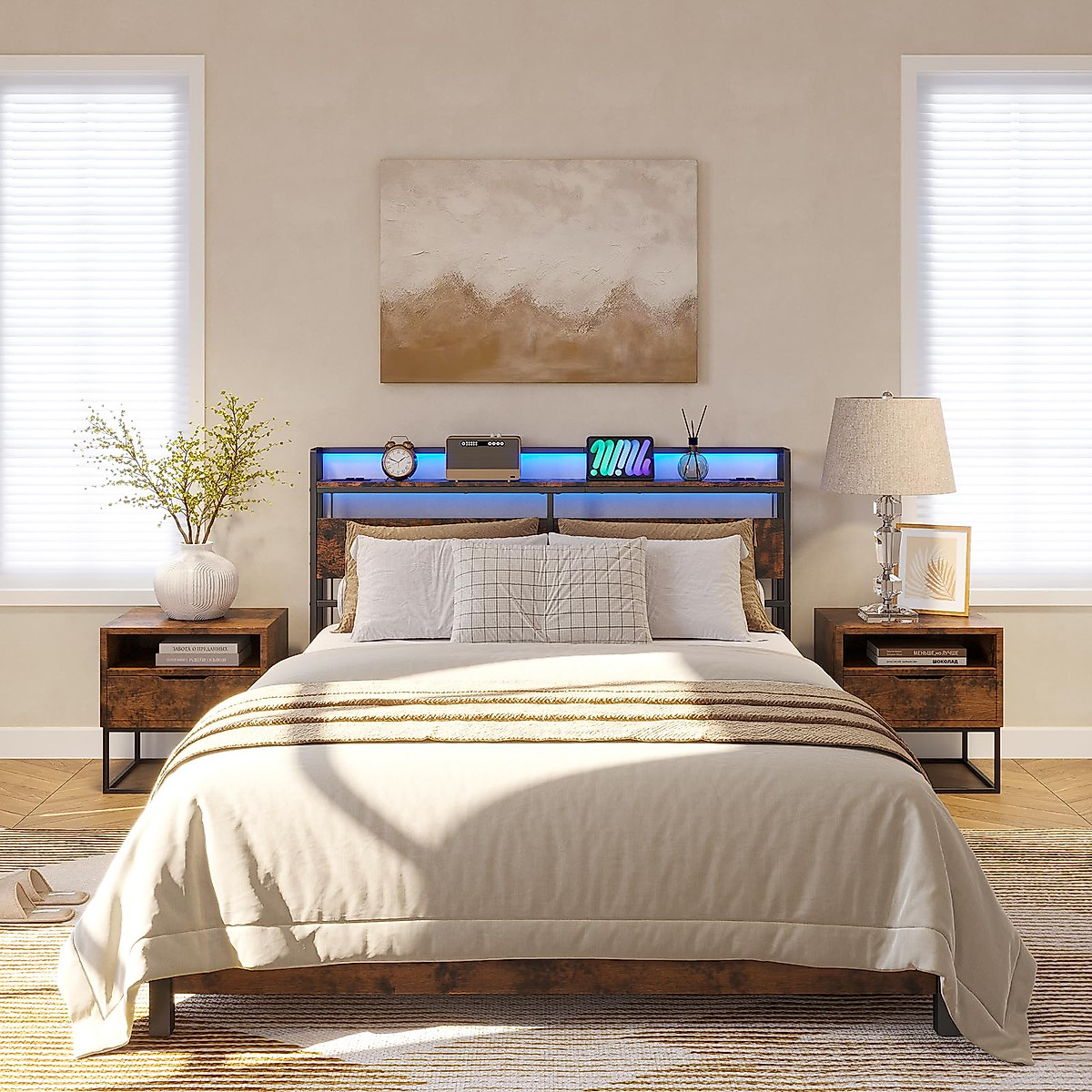 ELYKEN Queen Size Headboard Only with Power Outlet & Colorful LED Strip Light, Headboard for Adaptable Bed Frame Brackets Adapter, Heavy Duty Queen Headboard, Easy Assembly, Rustic Brown