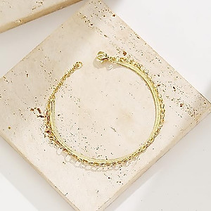 Pencros Gold Layered Bracelet,14K Gold Filled Dainty Herringbone Elegant Pearl Oval Chain Cute Beads Bracelet for Women (Layer Snake Chain Gold)