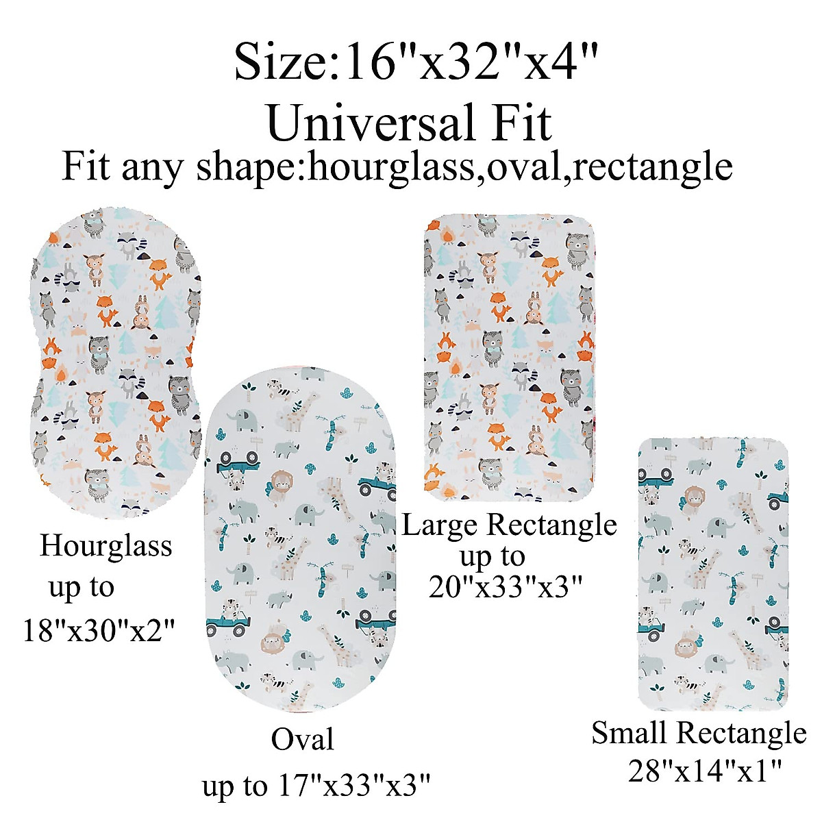 Tontukatu Bassinet Sheet Set 2 Pack Snug Fitted Cradle Fitted Sheets, Stretchy Ultra Soft, for Oval Rectangle Hourglass Bassinet Mattress, Unisex Boy Girl, Tiger Elephant & Fox