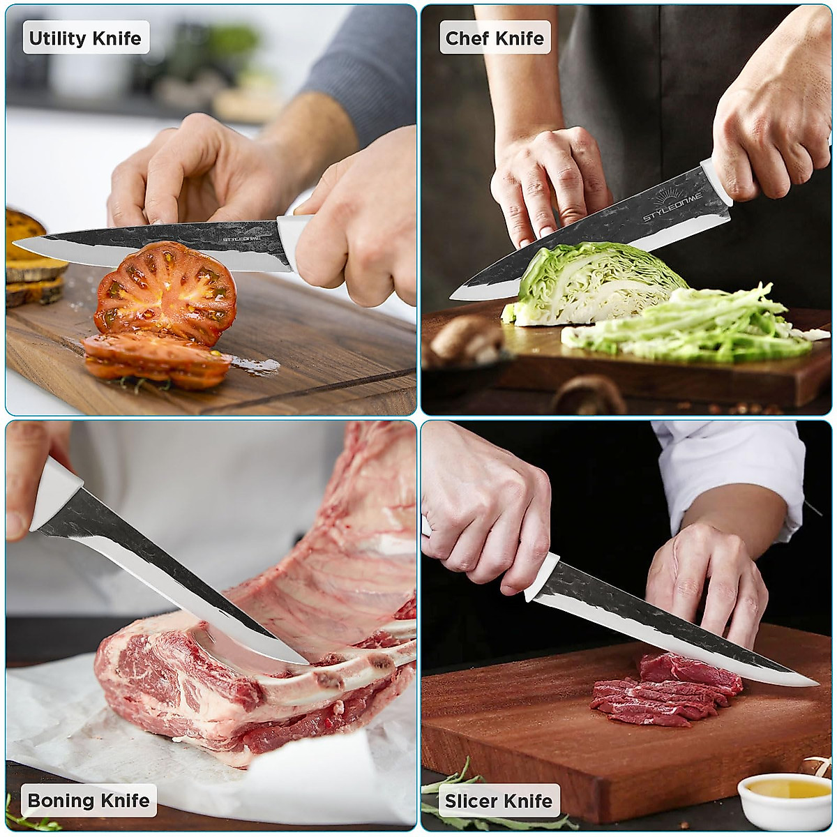 Styleonme Kitchen Knife Set, German Stainless Steel Knife Block Set, 7 Piece Knives Set For Kitchen, White Knife Sets For Kitchen With Block, Anti-Slip Handle Knife Set With Block, Kitchen Knives Sets