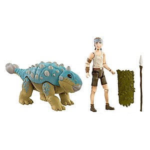 Jurassic World Human & Dino Pack Ben & Ankylosaurus Bumpy Action Figures, Spear Accessory, Camp Cretaceous Movable Joints & Authentic Sculpt, Kids Gift Ages 4 Year & Older