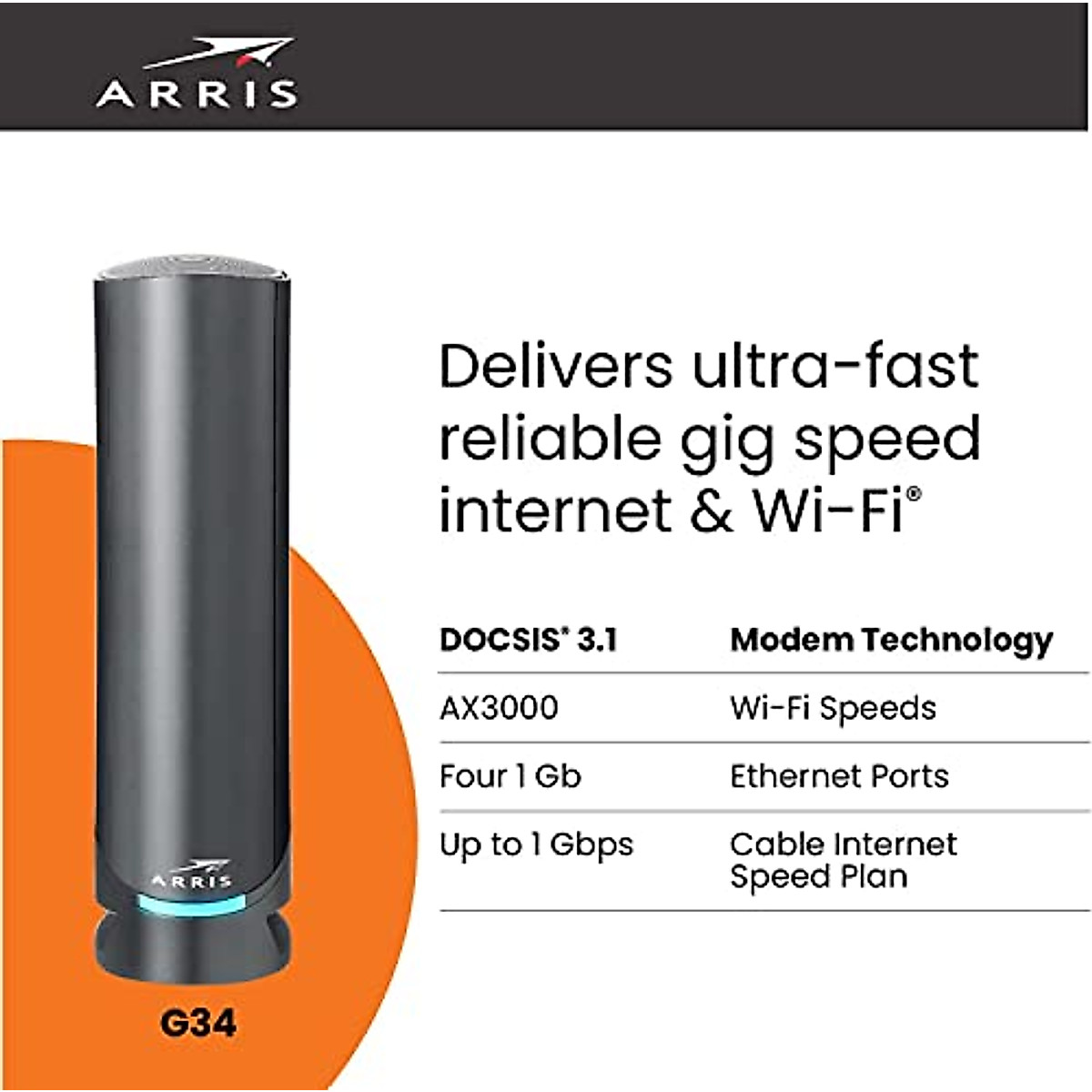ARRIS Surfboard G34-RB DOCSIS 3.1 Gigabit Cable Modem & Wi-Fi 6 Router (AX3000) - Certified Refurbished