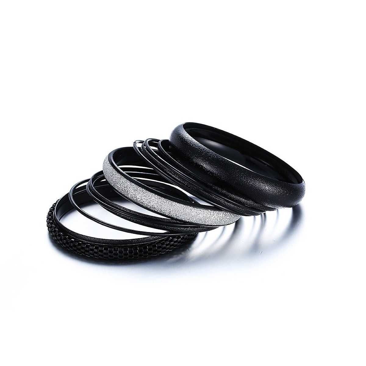 Ensoul Black W/Silver Glitter Multiple Metal Bracelets & Bangles Set For Women 12Pcs/Set