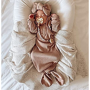 Twopumpkin Baby Girl Boy Coming Home Knotted Gown Unisex Newborn Infant Sleep Onesie Outfit Cute Baby Winter Pajamas (E Ruffle Ribbed Gray, 0-3 Months)