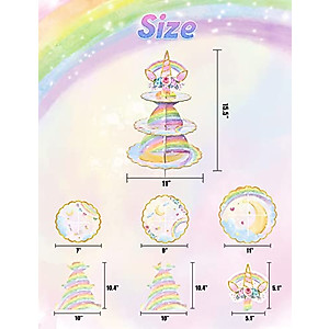 Unicorn Cupcake Stand - Unicorn Birthday Party Decorations for Girls Kids 3-Tier Cardboard Cupcake Stand Dessert Tower Holder Round Serving Tray Stand Unicorn Horn Theme Baby Shower Party Supplies