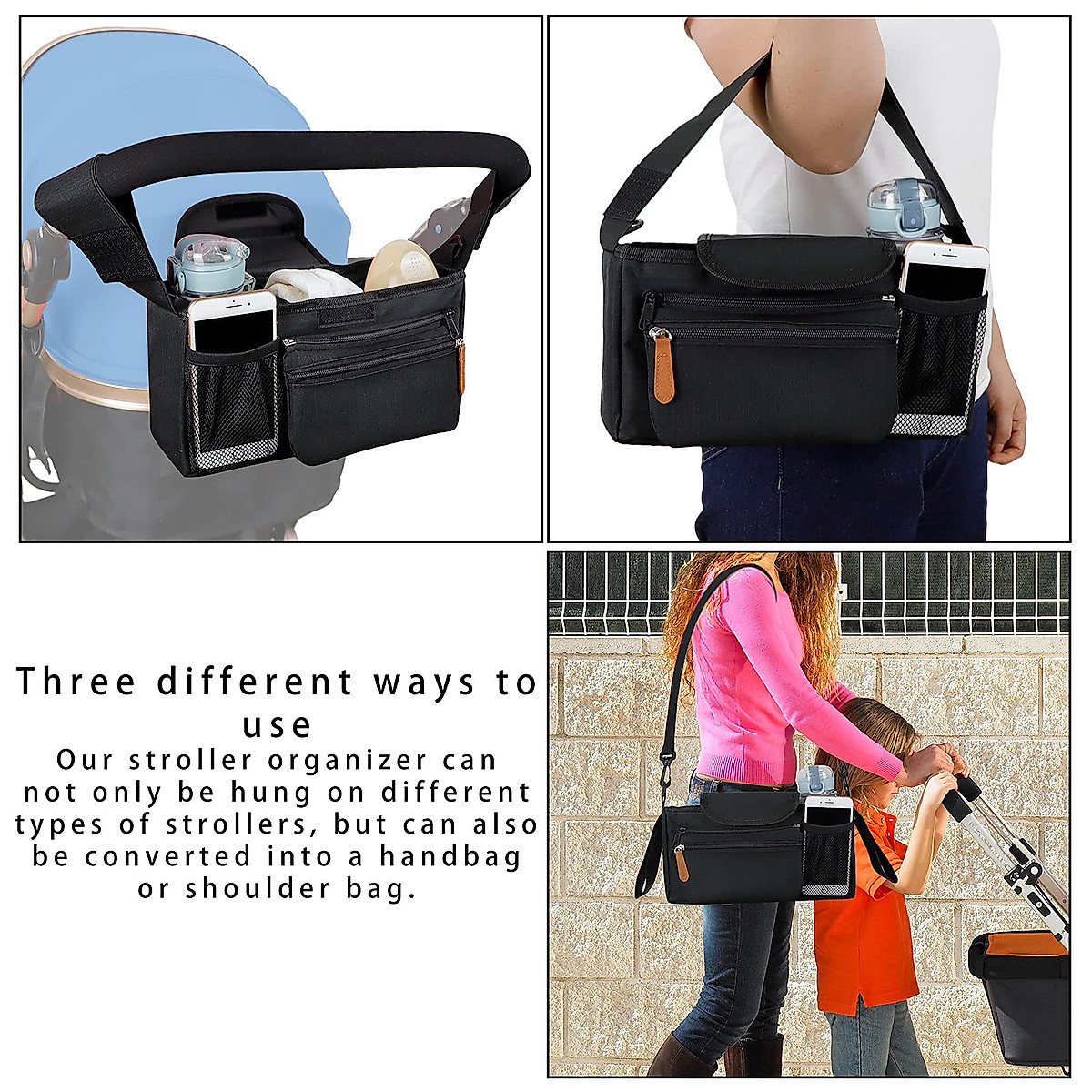 Universal Stroller Organizer with Insulated Cup Holders - Detachable Phone Bag & Adjustable Strap, Stroller Accessories for Carrying Diaper, iPhone, Toys & Snacks, Fits All Baby Stroller Models.