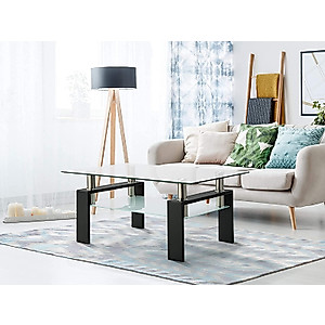 POULEII Living Room Table Set,3 Piece Glass Coffee and End Tables Set for Room,Coffee with Tempered Tabletop Metal Frame Apartment, Small Space Black