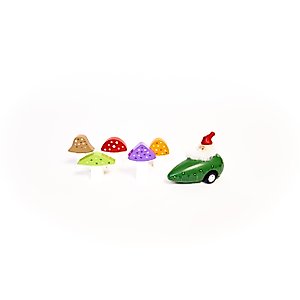 Gnome and Mushroom 6 Piece Bowling Game by Jack Rabbit Creations – Pull-Back Car and Garden Mushroom Stacking Pins – Classic Wooden Toy – Develops Hand Eye Coordination & Motor Skills - Ages 3+ Years