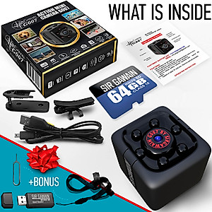 SIRGAWAIN Upgraded Mini Camera 1080P with 64GB SD Card - Camera Full HD - Portable Small Cam - Night Vision and Motion Detection - Indoor Camera for Home & Office - Cam