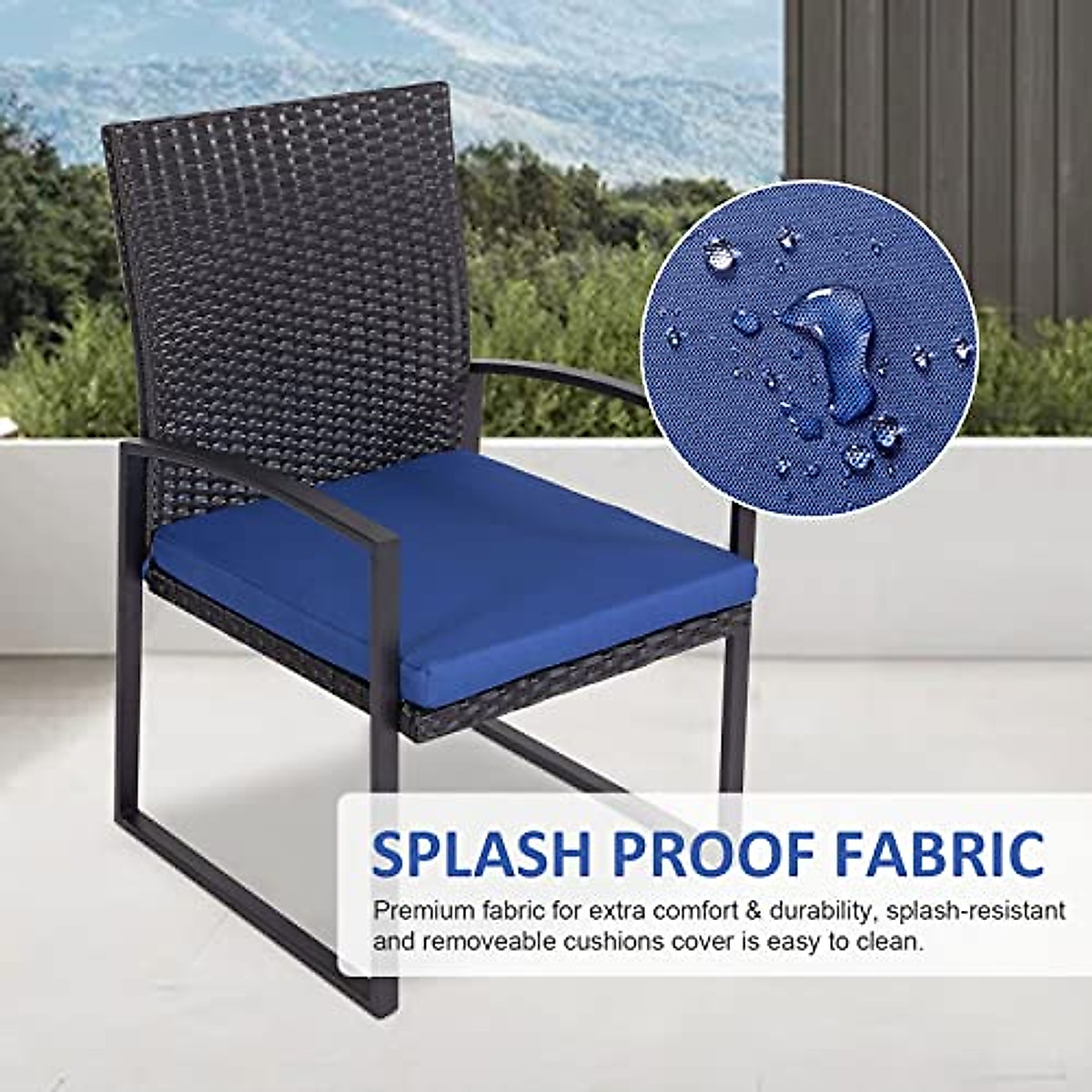 J-SUN-7 5-Piece Patio Furniture Conversation Set PE Rattan All Weather Cushioned Chairs Bistro Set with Ottoman and Glass Coffee Side Table for Balcony Porch, Dark Blue