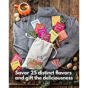 Stash Herbal and Decaf Tea Bags - Caffeine-Free Sampler Variety Pack - 25 Flavors, 50 Count/w Cotton Pouch