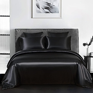 Nayoroom Black Satin Silk Duvet Cover Queen Size Luxury Solid Color Bedding Set 3 Pieces Summer Cooling Soft Smooth Silky Comforter Cover with Zipper Closure Corner Ties Gifts for Women Men
