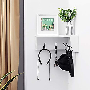 WELLAND Corner Shelf Wall Mounted, Corner Floating Coat Rack Shelf, Corner Hanging Coat Rack with 4 Hooks