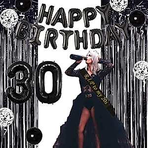 30th Birthday Decorations for Him Her Black Death to My Twenties Banner, Rip to My 20s Sash, Number 30 Balloon, Happy Birthday Balloon Banner, Foil Curtain for Funny Thirtieth Birthday Party Supplies