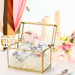 Okllen Glass Wedding Card Box with Lock and Slot, Gold Rim Envelop Box Gift Holder, Vintage Clear Card Box for Wedding Reception, Baby Shower, Birthday, Graduation (Glass Box and Lock Only)