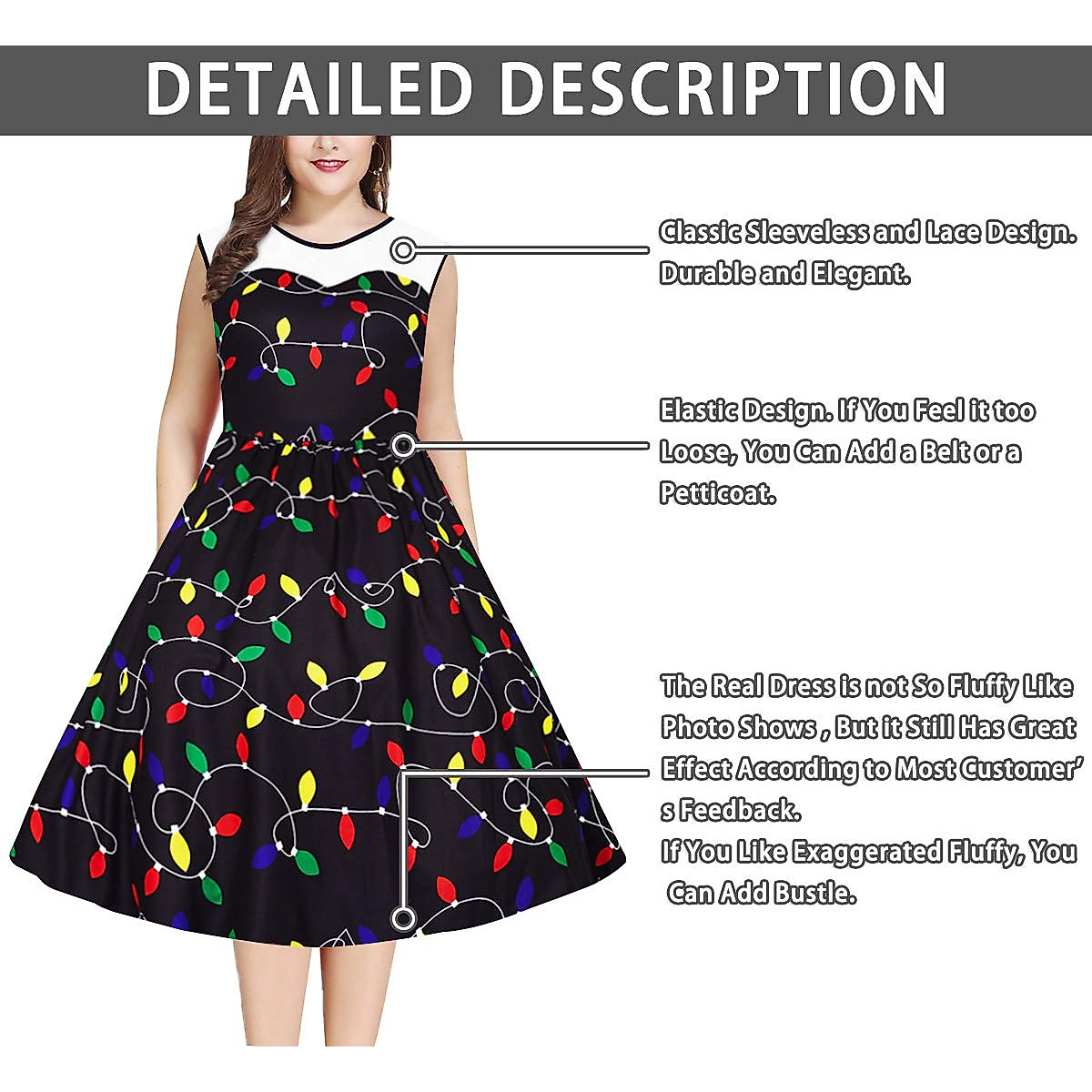 UNIFACO Women Plus Size Christmas Dress Sleeveless High Waist Lace Round Neck Funny Color Bulb Print Flared Swing Aline Black Dress